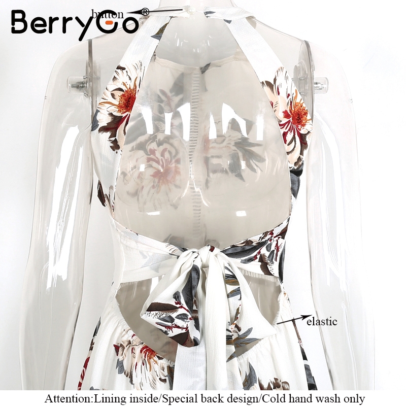 Berrygo Floral Print Halter Chiffon Long Dress Women Backless 2017 Maxi