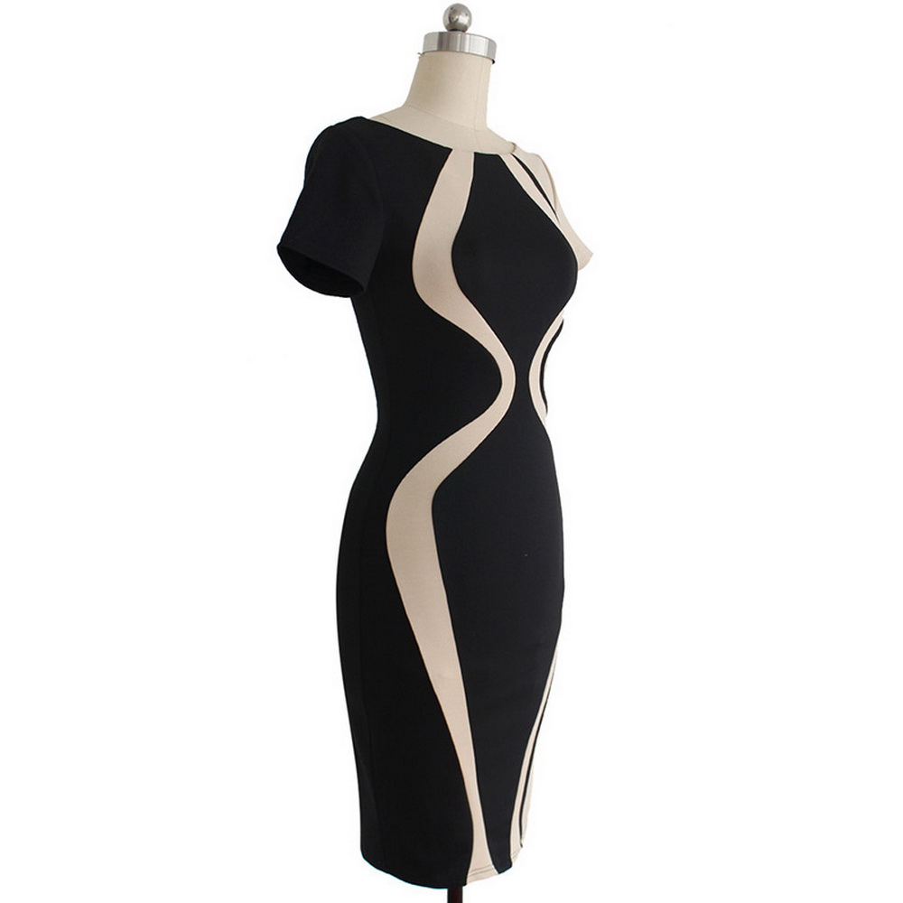 Women Elegant Optical Illusion Colorblock Contrast Patchwork Dress O